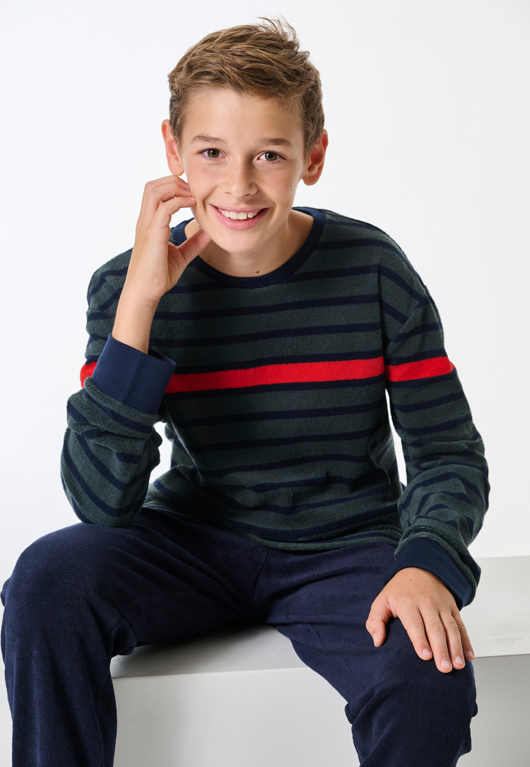 Long pyjamas terry towelling striped dark green ringed - Nightwear ...